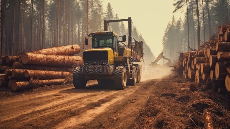 Timber Loader, Log Stacks Along Forest Road Stock Illustration ...
