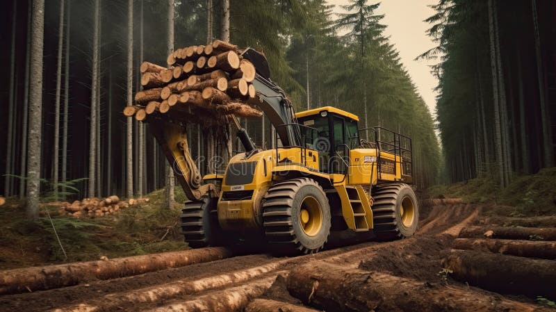 Timber Loader, Log Stacks Along Forest Road Stock Illustration ...