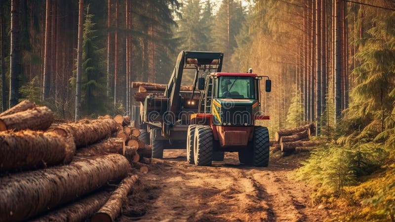 Timber Loader, Log Stacks Along Forest Road Stock Illustration ...