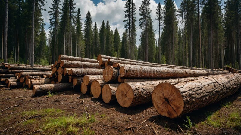 Timber Logging Site, Featuring Vast Pile of Log Trunks Stacked Neatly ...