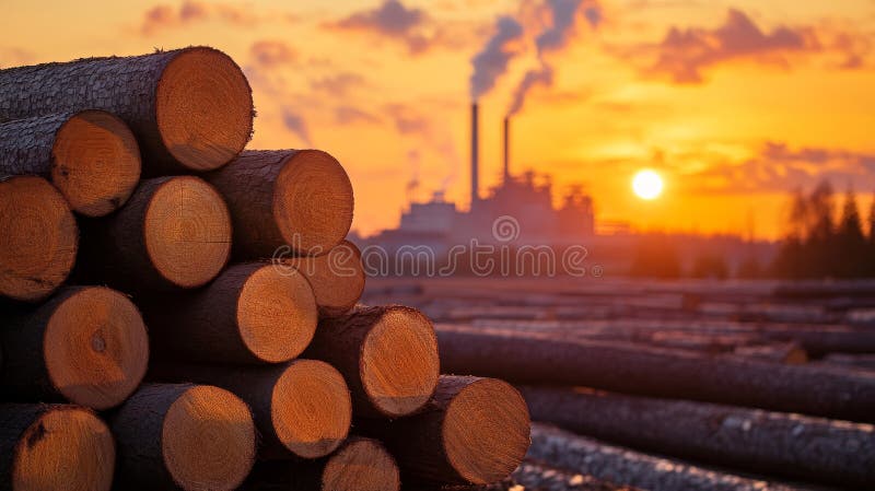 Timber Logs Stacked Elegantly at Sunset with a Factory Silhouette ...
