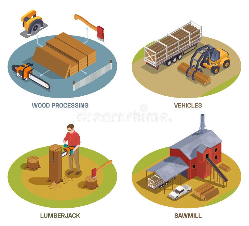 Timber Mill Compositions Set Stock Vector - Illustration of machine ...