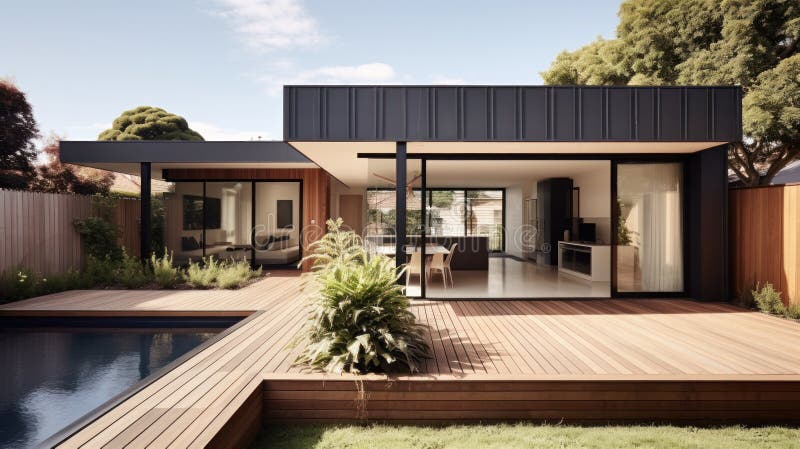 Timber Pool Deck on Modern Home Terrace Stock Image - Image of villa ...