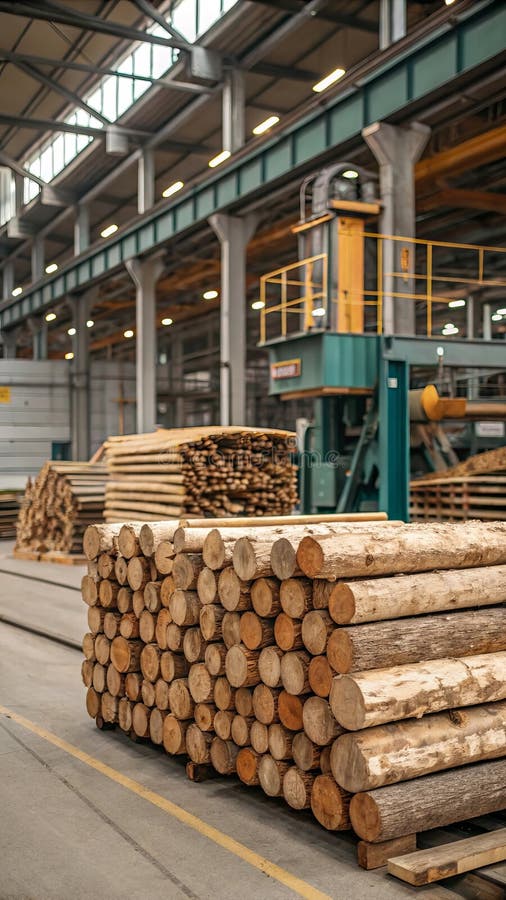 Timber Processing Plant with Stacked Logs and Modern Machinery Inside ...
