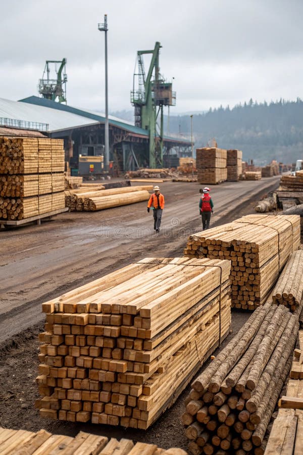 Timber Stacked at Lumber Mill Stock Illustration - Illustration of ...