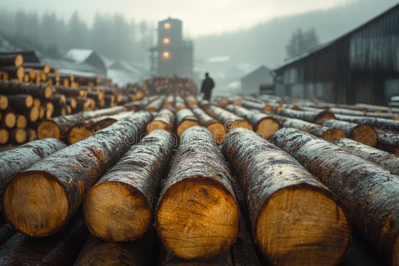 Timber Storage: Cut Trees Neatly Arranged in Sawmill, Showcasing ...