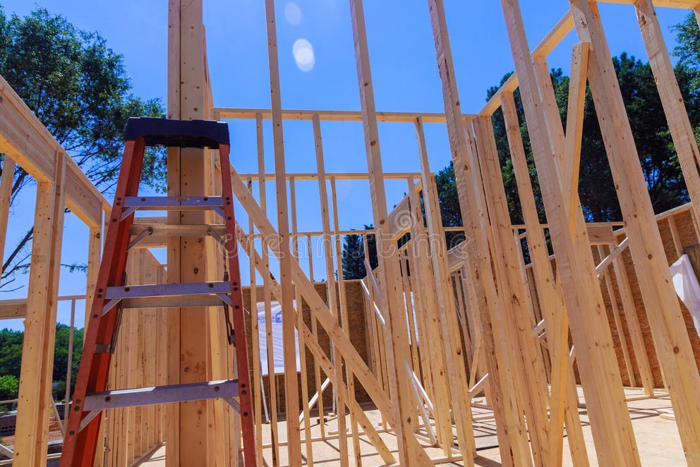 Timber Studs Support Beams in Unfinished Interior of a Newly Built ...