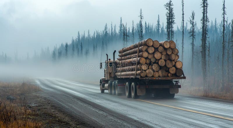 Timber is Transported by a Logging Truck on a Muddy Forest Road. Stock ...