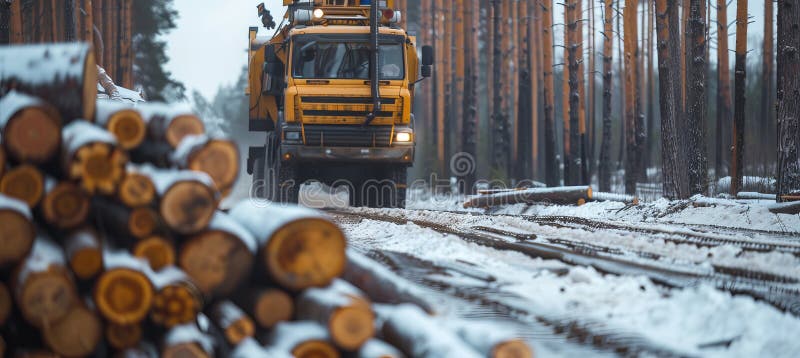 Timber Truck Transporting Logs from Forest with Wood Pellets Stack in ...
