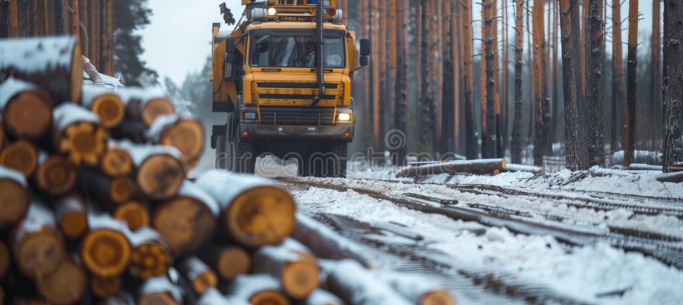 Timber Truck Transporting Logs from Forest with Wood Pellets Stack in ...