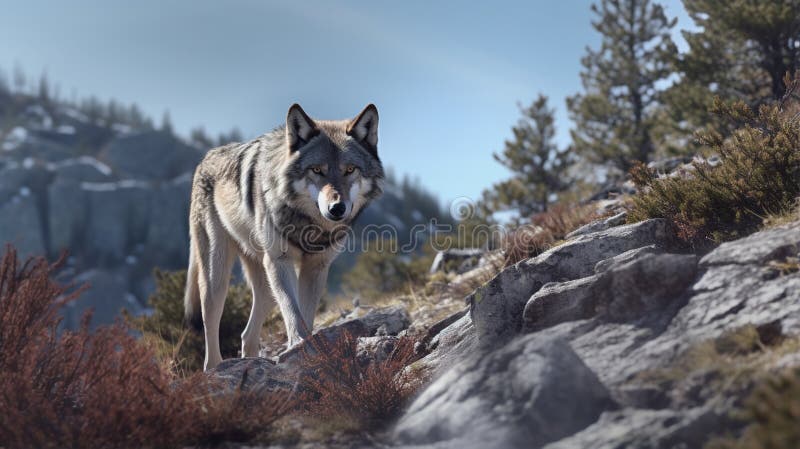 Timber Wolf Hunting in Mountain. Generative AI Stock Illustration ...