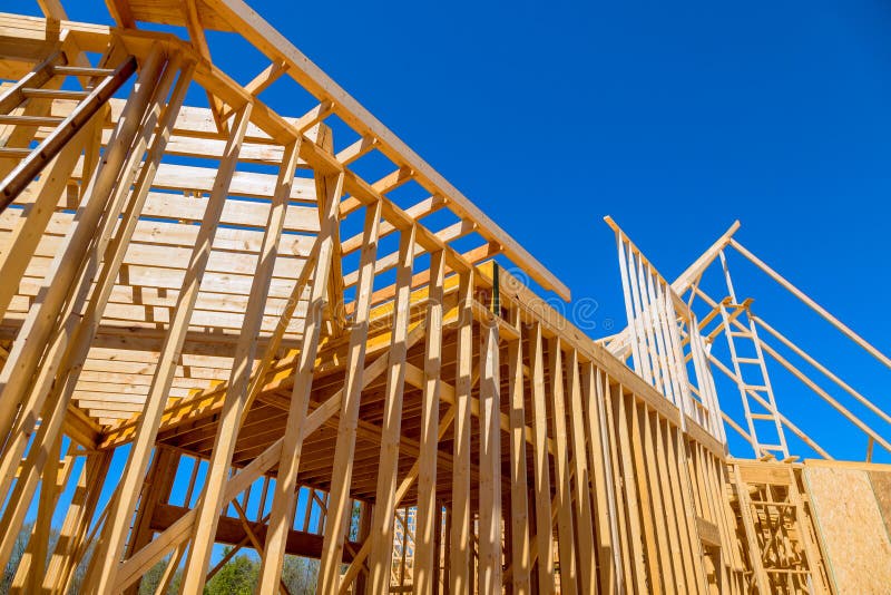 Timber Wood Stick Frames Framing Beams during Construction of a New ...