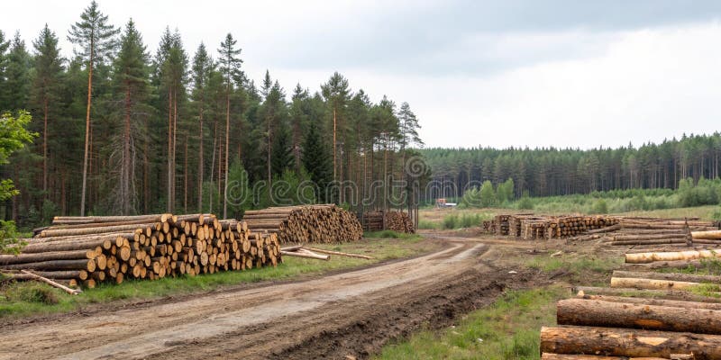 Timber Yard and Forest with Stacked Logs Stock Illustration ...