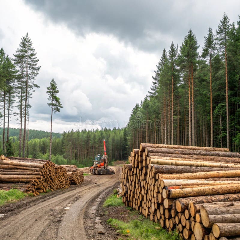 Timber Yard and Forest with Stacked Logs Stock Illustration ...