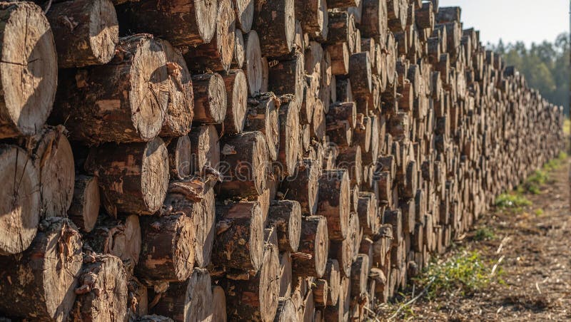 Timber Yard with Neatly Stacked Logs in Warm Sunlight Stock ...