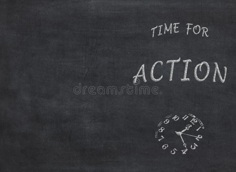 Time for Action - Clock with Text on Black Background Stock ...