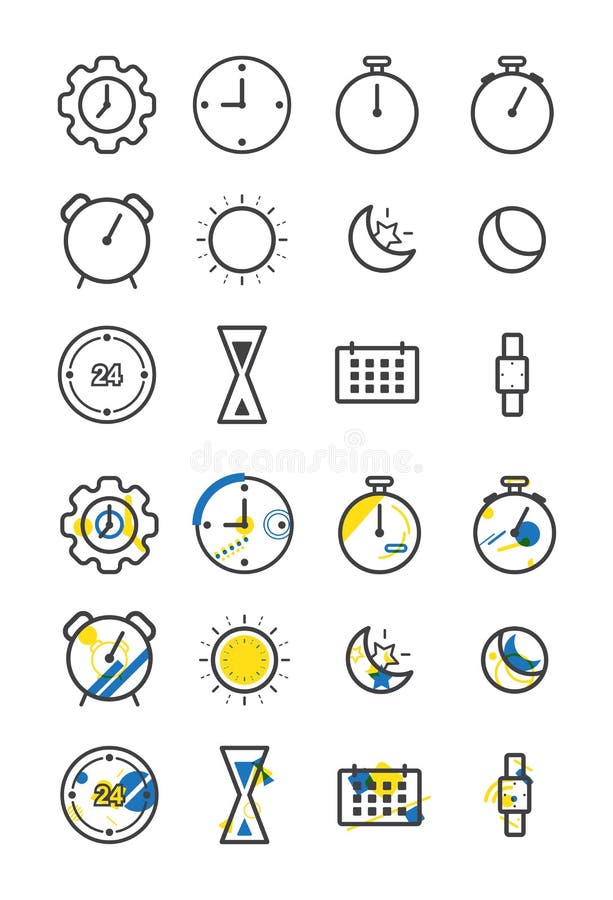 Clock and Time Outline Icon Set Vector Stock Vector - Illustration of ...