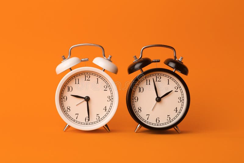 Time Background Concept. Vintage Classic Alarm Clock on Orange Empty ...
