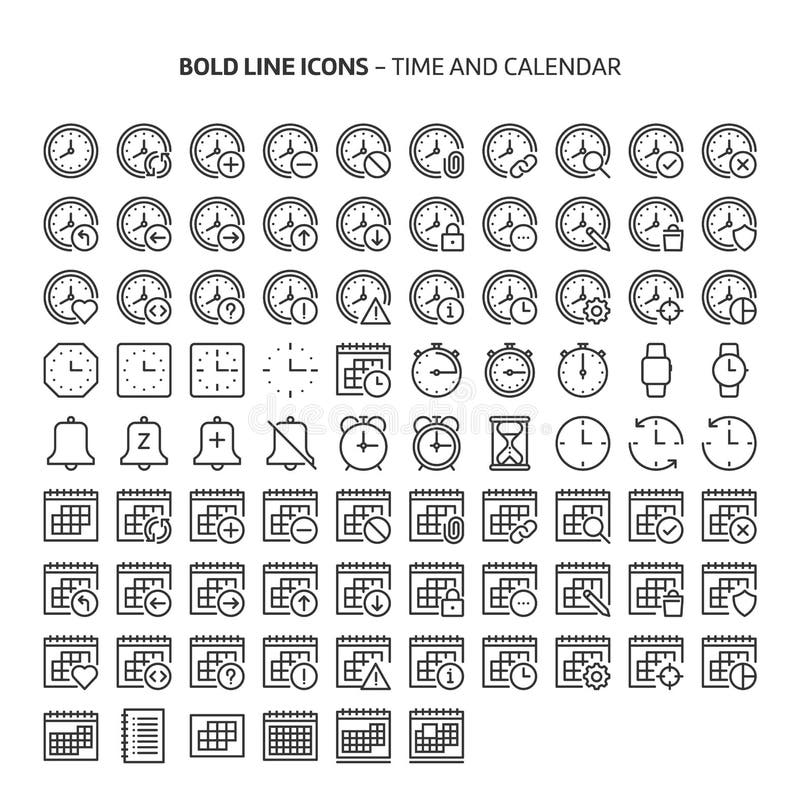 Time and Calendar, Bold Line Icons Stock Vector - Illustration of hour ...
