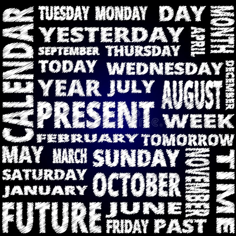 Time and Calendar Word Cloud Scribble Style Text on Blue Background ...