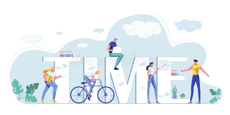 Time Cartoon Word and Tiny Busy People Characters Stock Vector ...