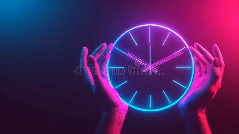 Time Change in Neon Lit Hands. Stock Photo - Image of neon, monochrome ...