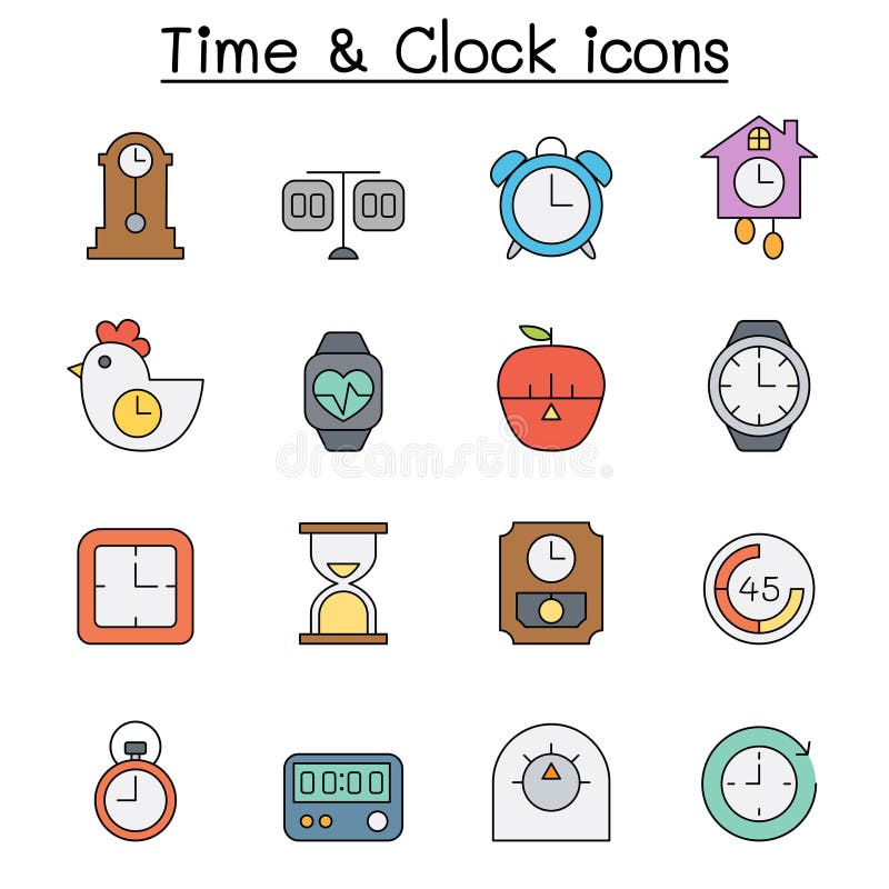 Time and Clock Color Line Icon Set Stock Vector - Illustration of ...