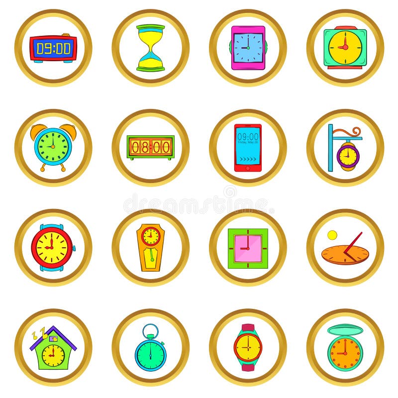Time and Clock Set, Cartoon Style Stock Illustration - Illustration of ...