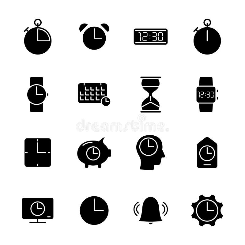 Time and Clock Silhouette Vector Icons Isolated on White Stock Vector ...