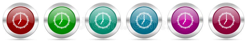 Time, Clock, Watch Silver Metallic Vector Icon Set, Round Glossy ...