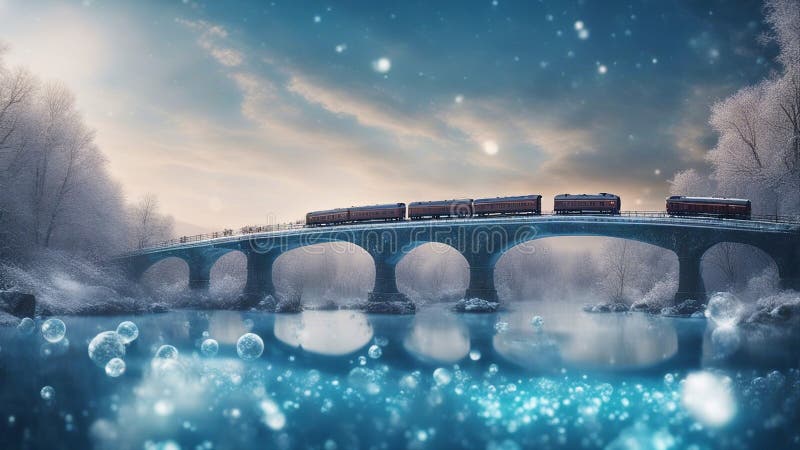 Time Clouds Over the River a Magical Train on a Sparkling Bridge Over a ...