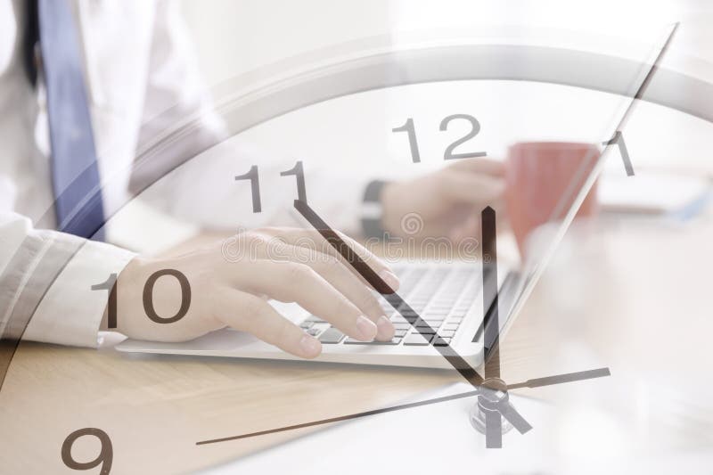 Time Concept. Double Exposure of Man Working on Laptop and Clock Stock ...