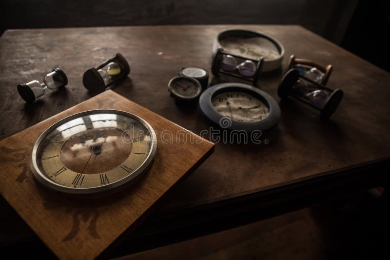 Time Concept. Old Rustic Wall Clock on Old Wooden Table with Copy Space ...