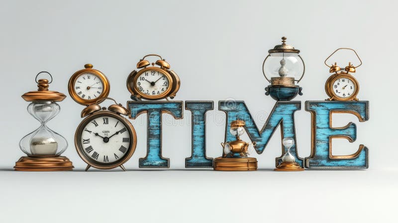 Time Concept Vintage Clocks and Hourglasses Form the Word Time on a ...