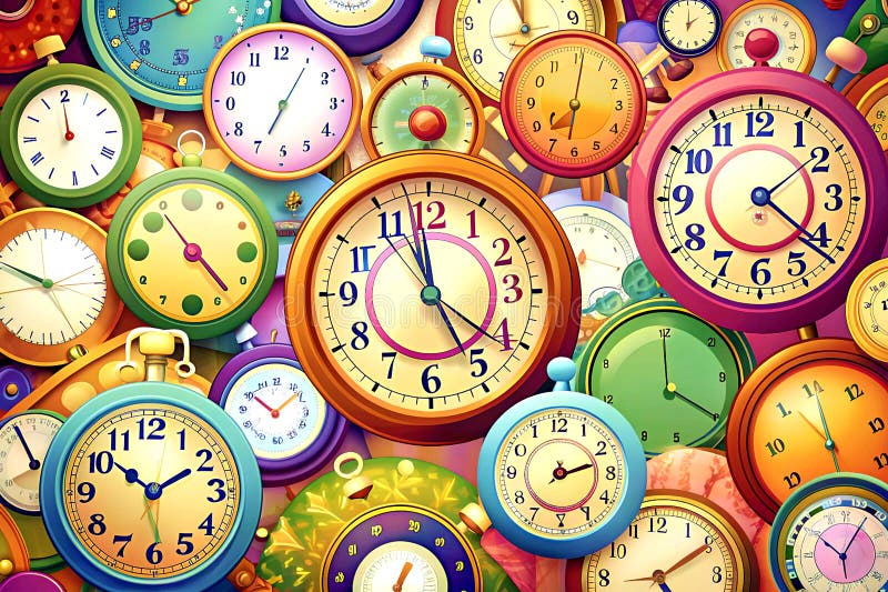 Time Counting Tool.Colored Various Clocks with Hands and Dials Stock ...