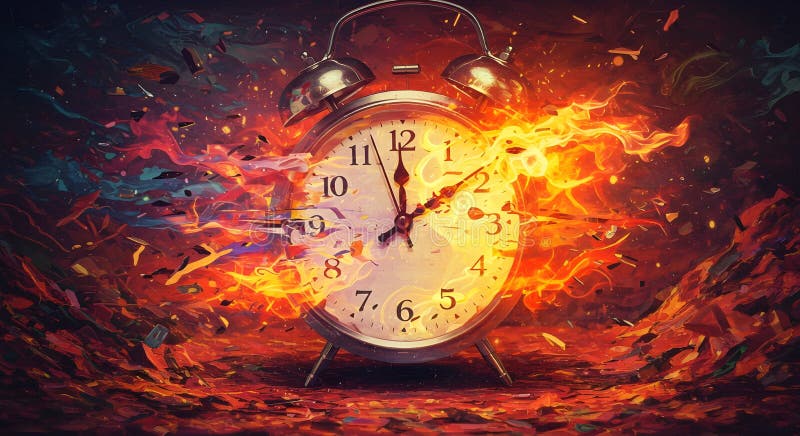 "Time Explodes: a Clock Shattered by Fire and Chaos Stock Illustration ...