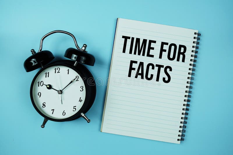 Time for Facts Text on Notebook Page with Alarm Clock Top View on Blue ...