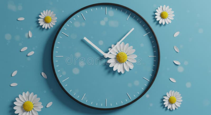 Time Flies with Daisies a Clock with Daisies Around it on a Light Blue ...