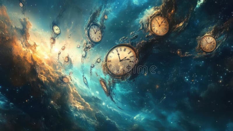 Time Flows through Space, a Cosmic Clock Journey Stock Illustration ...