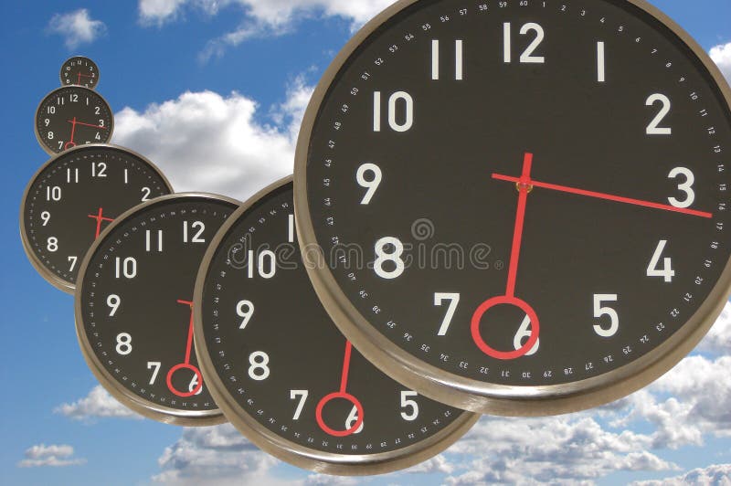 Five Clocks of Different Times Stock Image - Image of deadline, night ...