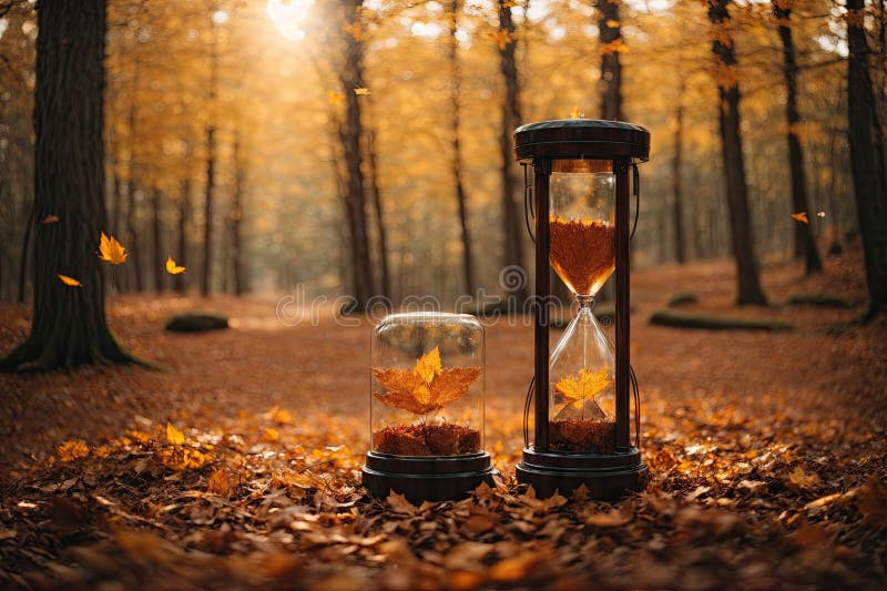 Time Going by in Beautiful Hourglass on Autumn Leaves. Ai Generative ...