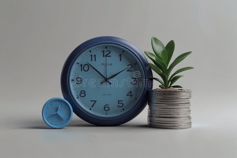 Time and Growth: Clock, Plant, and Coin Stack Still Life Stock ...