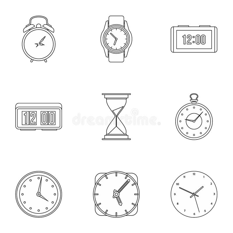 Time Icons Set, Outline Style Stock Illustration - Illustration of ...