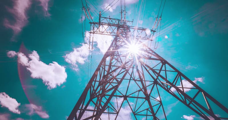 Time-lapse of Sunburst through Transmission Tower Against Teal Sky with ...
