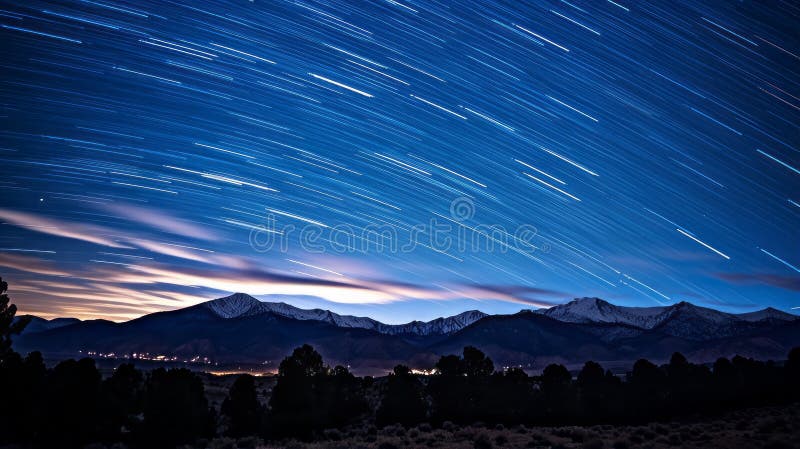 Time Lapse Photograph Night Sky Mountain Range Stock Illustration ...