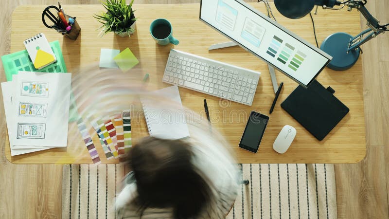 Time Lapse Top View of Smartphone App Designer Working at Table Drawing ...