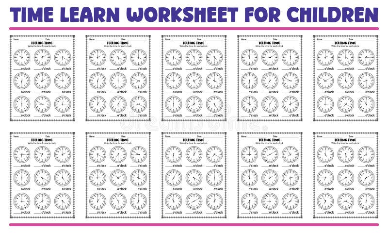Time Learn Worksheets for Children Homework Stock Vector - Illustration ...