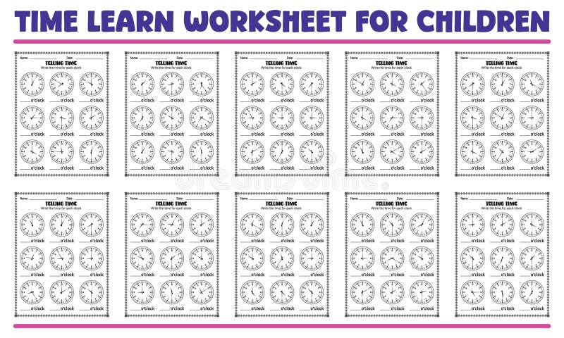 Time Learning Worksheets for Children Stock Vector - Illustration of ...
