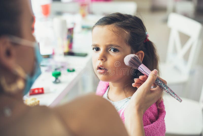 Mother Helping Her Little Girl with Make Up Stock Photo - Image of ...