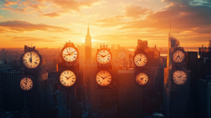 Time Management Concept with Clock on City Skyline at Sunset Stock ...